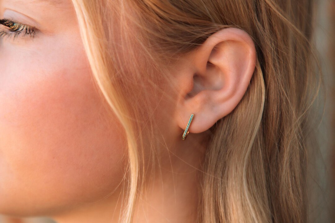 Minimalist Huggie Hoop Earrings, Small, Stackable, Turquoise Inlay ...