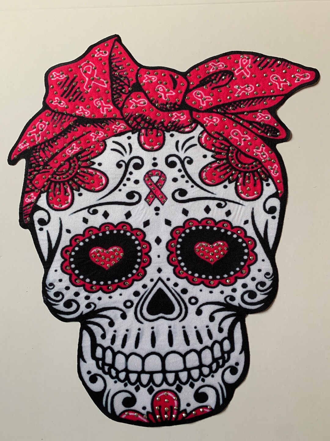 Pink Ribbon Sugar Skull Diva Material Stud Rhinestone Iron on Hotfix ...