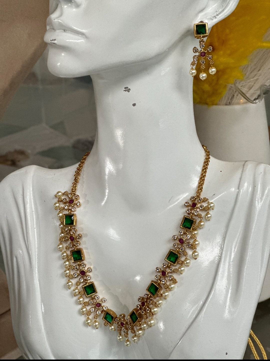 Golden Matt Necklace/indian CZ Necklace/ AD Emerald Necklace/south ...