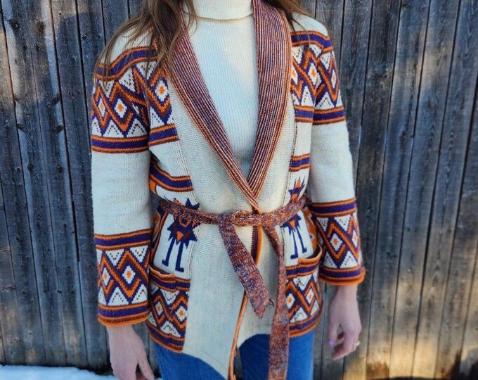 Vintage Wintuk Sabra 70’s Style Bell Sleeve Belted Cardigan Cream Blue ...
