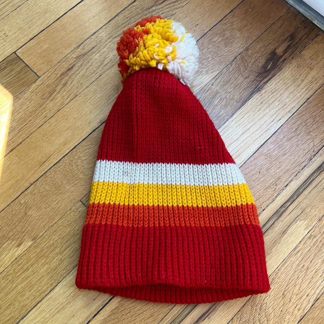 Vintage Wigwam Red White Orange Yellow Striped Wool Beanie With Pom Pom ...