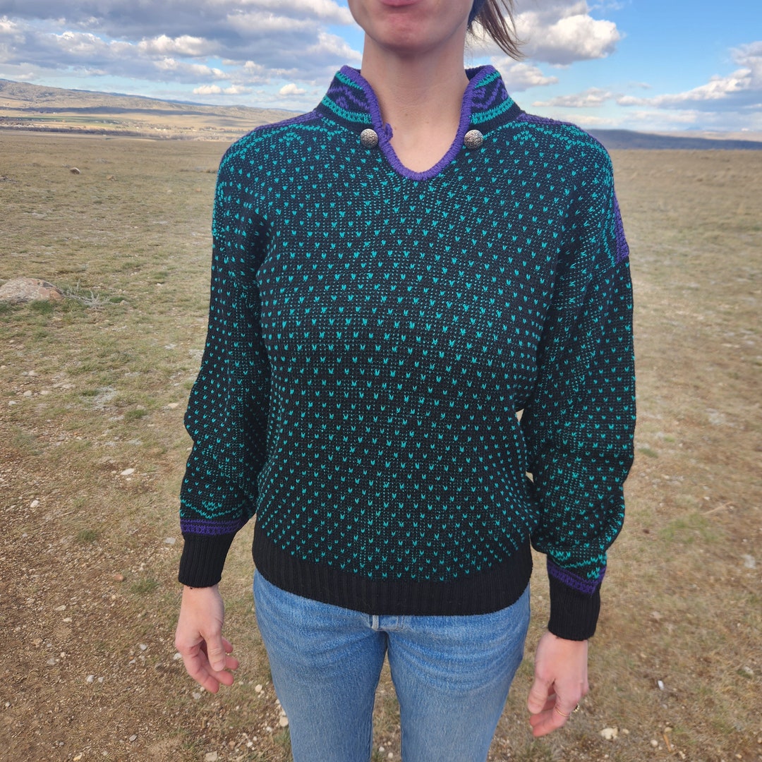Vintage Alps Nordic Style Wool Pullover Sweater Medium Black Teal ...