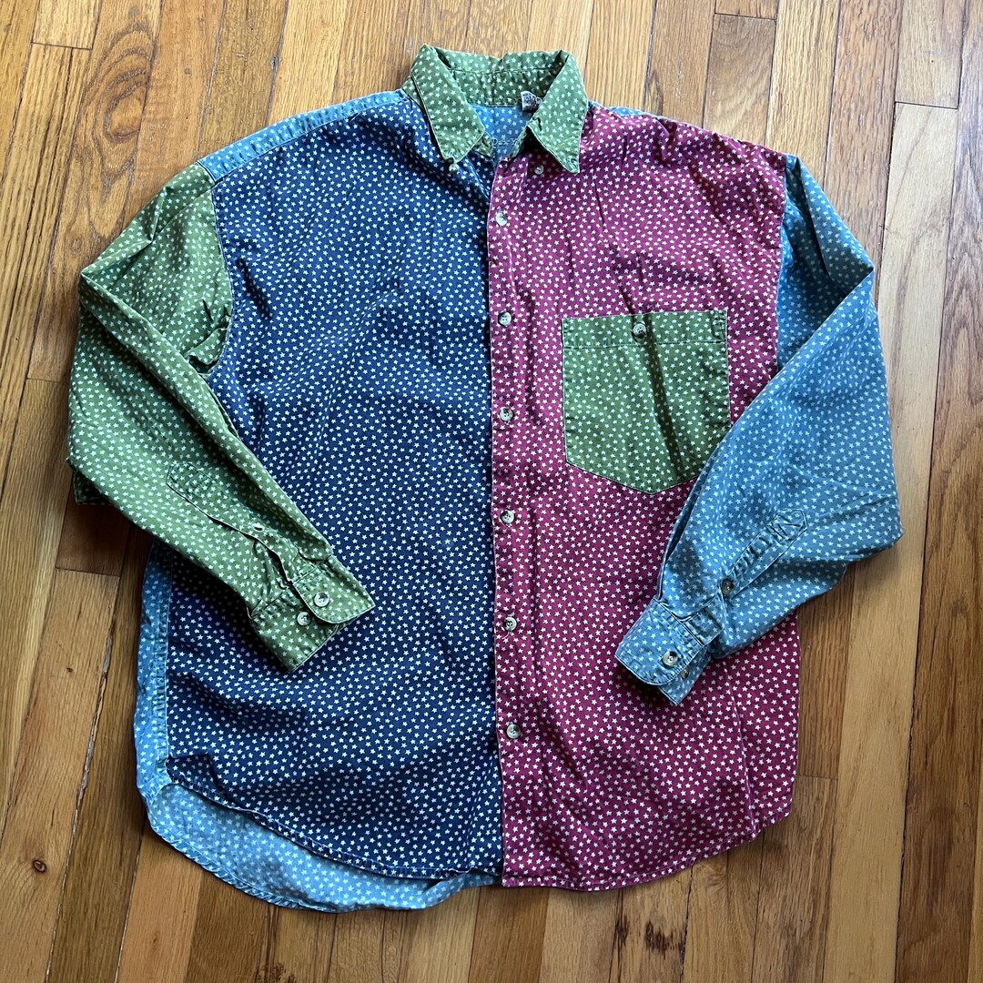 Vintage Colorblock Star Print Button-up Shirt, Size Large - Etsy