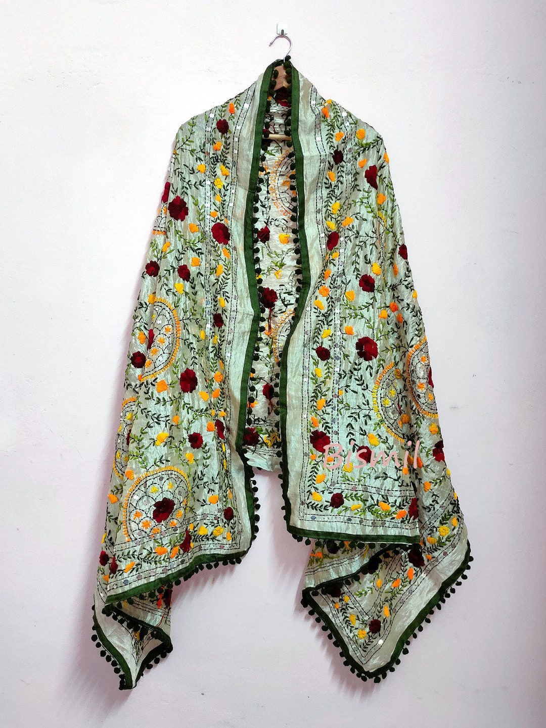 Indian Chanderi Silk Chapa Work Phulkari Embroidered Dupatta With Pom ...
