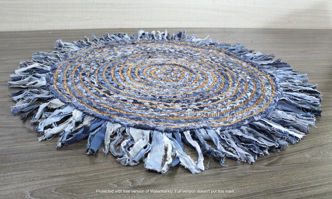 Denim Chindi Rug, Handwoven Rug Bathroom Runner Rag, Recycled Denim Rug ...