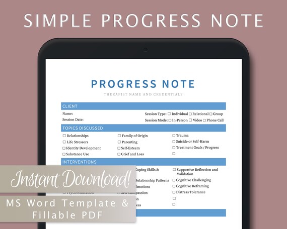 Simple Progress Note Template for Therapists Counselors - Etsy
