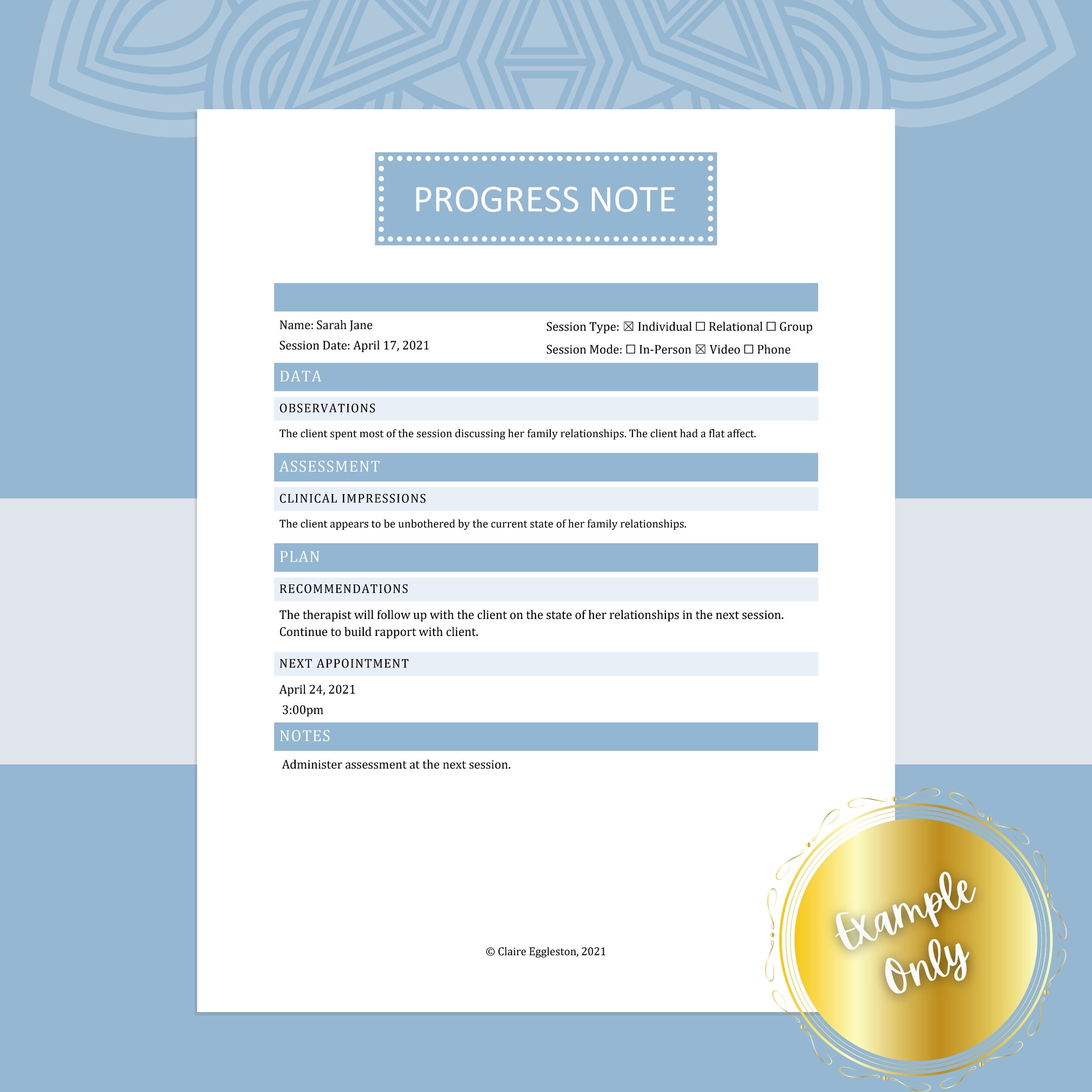 DAP Progress Note Template for Therapists Counselors | Etsy