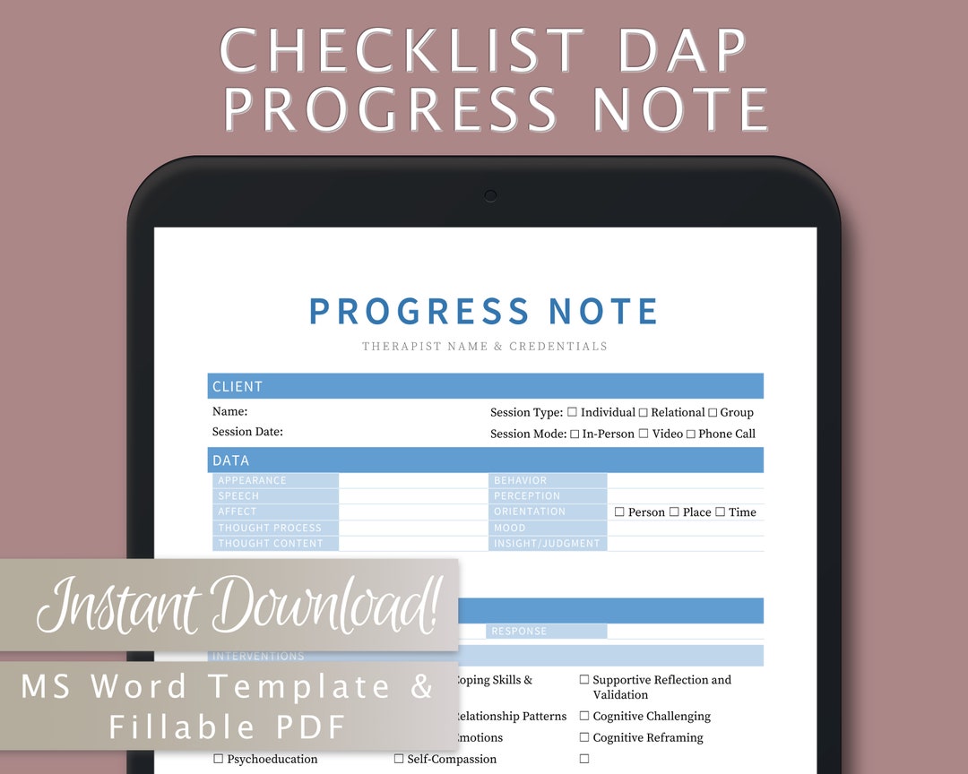 Checklist DAP Progress Note Template for Therapists, Counselors ...