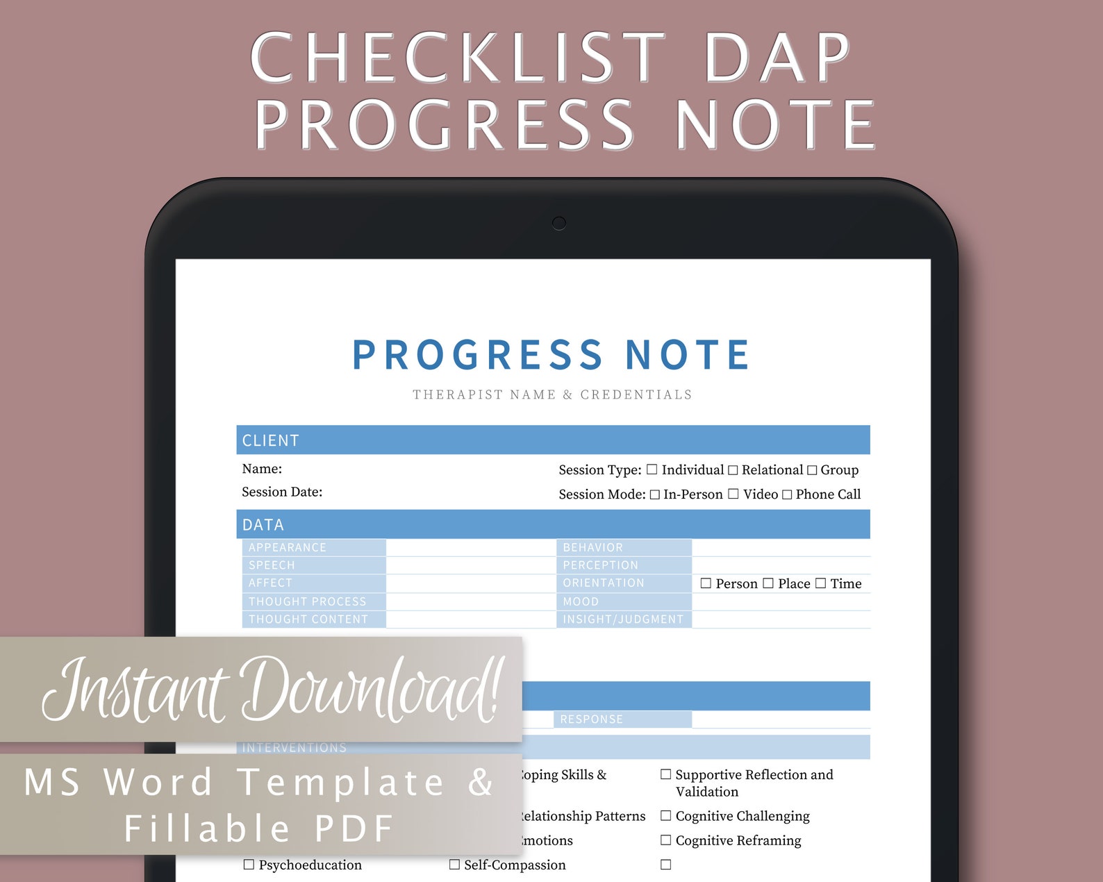 Checklist DAP Progress Note Template for Therapists, Counselors ...