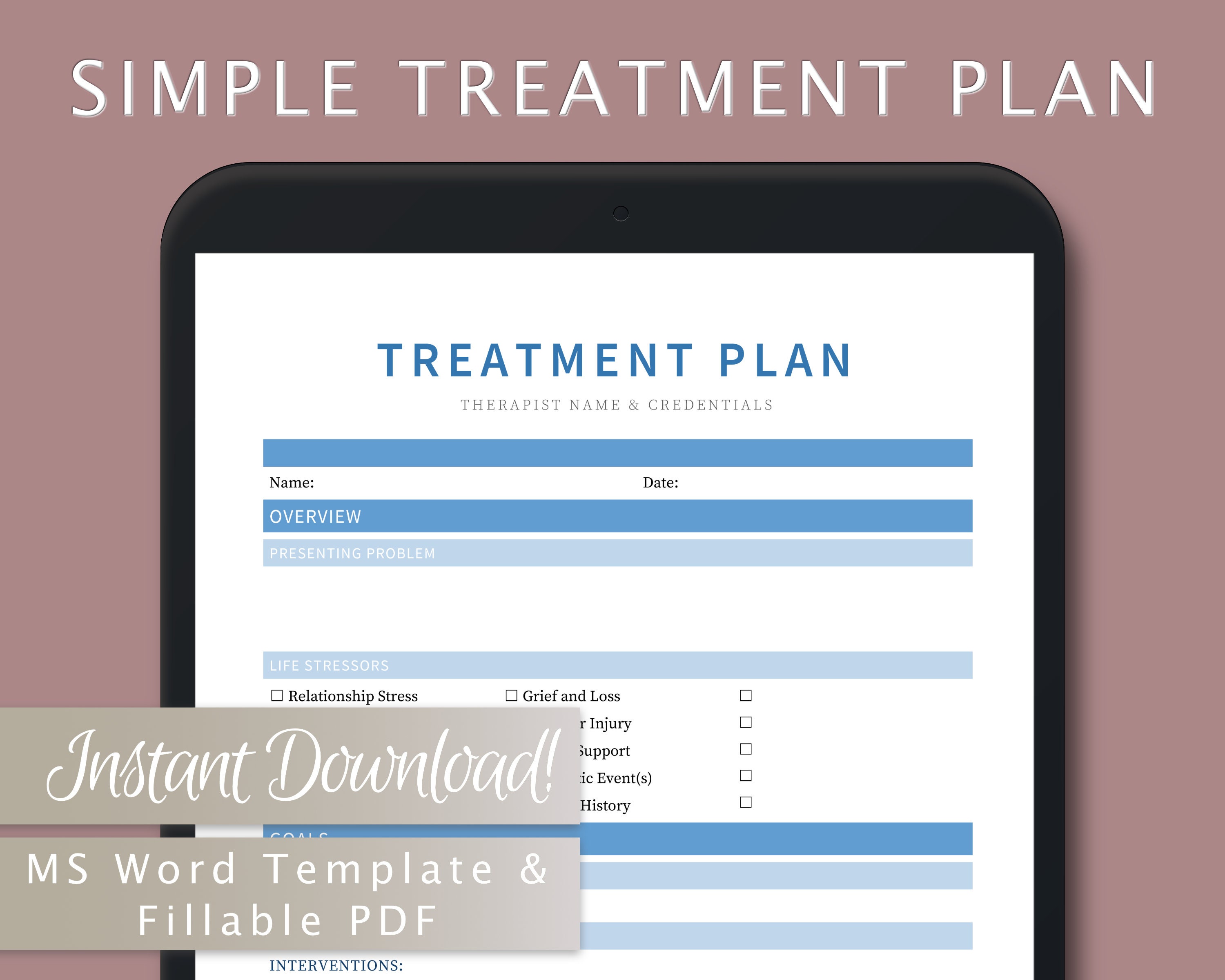 Simple Treatment Plan Template for Therapists, Counselors ...