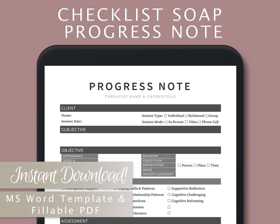 Checklist SOAP Progress Note Template for Therapists, Counselors ...