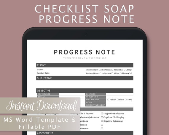 Checklist SOAP Progress Note Template for Therapists | Etsy