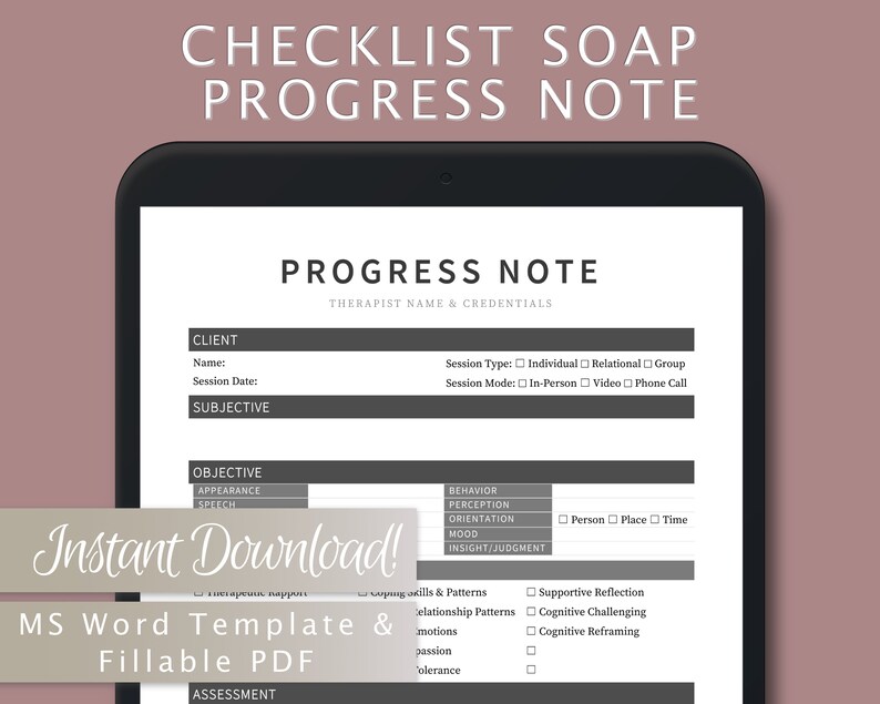 Checklist SOAP Progress Note Template for Therapists, Counselors ...