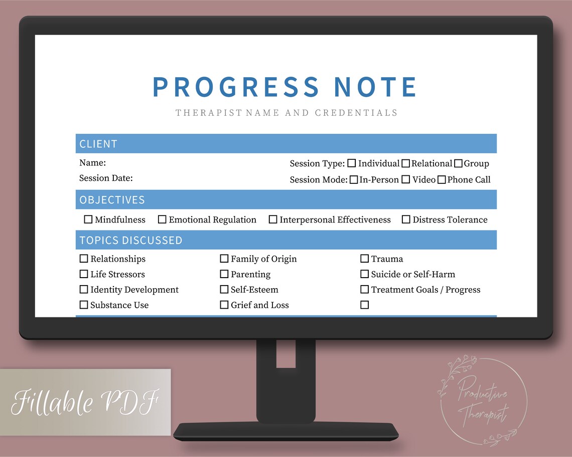 DBT Progress Note Template for Therapists, Counselors, Psychologists ...