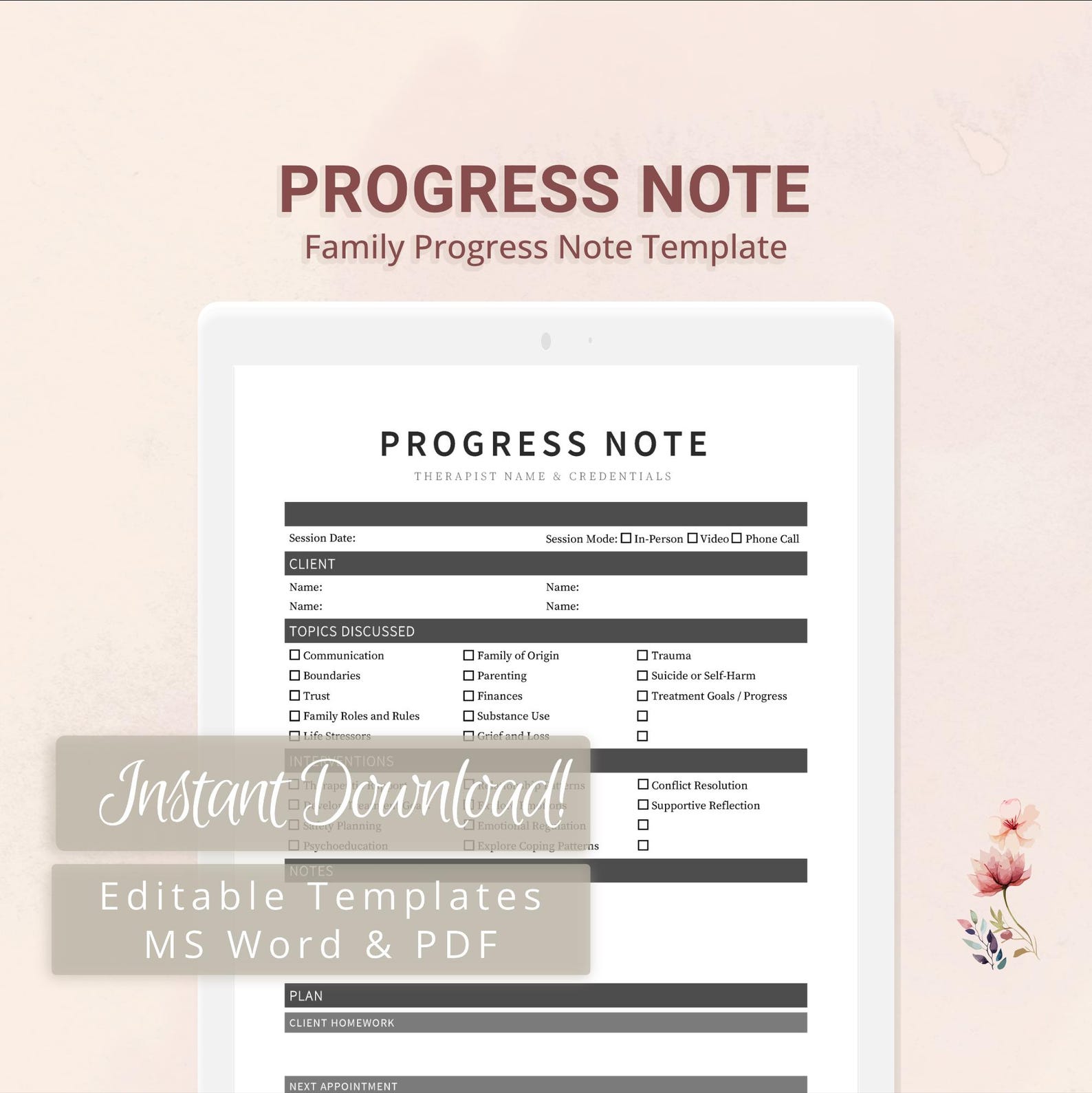 Family Therapy Progress Note Template for Therapists, Counselors ...