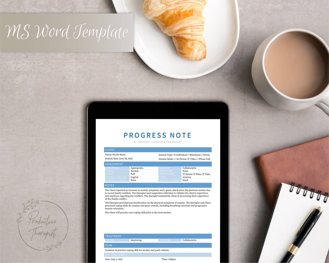 Narrative Progress Note Template for Therapists, Counselors ...