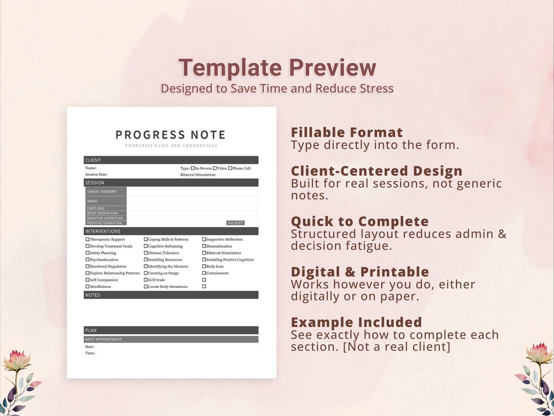EMDR Progress Note Template for Therapists, Counselors, Psychologists, Social Workers | Fillable ...