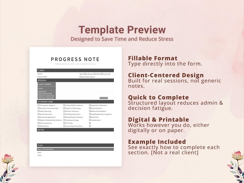 EMDR Progress Note Template for Therapists, Counselors, Psychologists ...