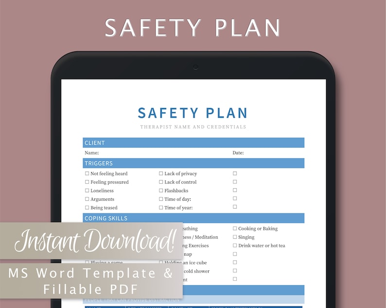 Safety Plan Template for Therapists, Counselors, Psychologists, Social ...