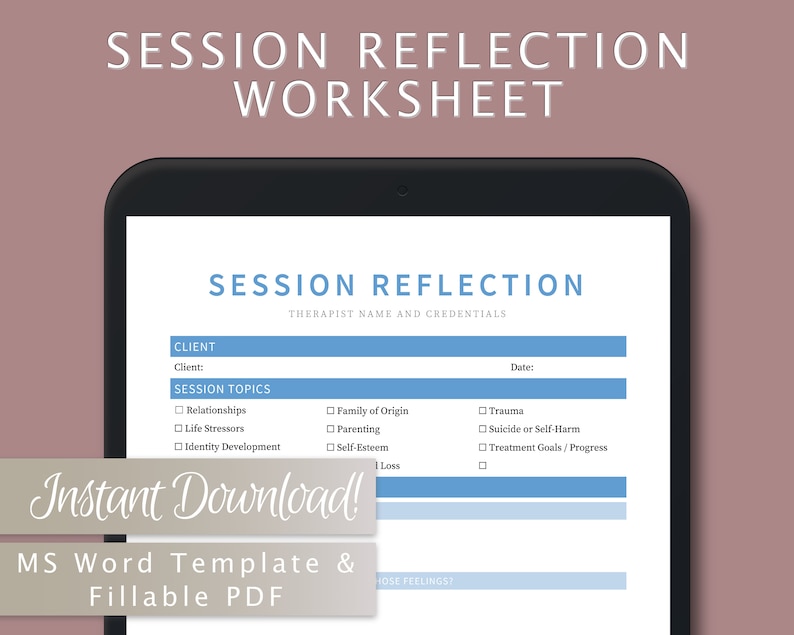 Session Reflection Worksheet Template for for Therapists, Counselors ...