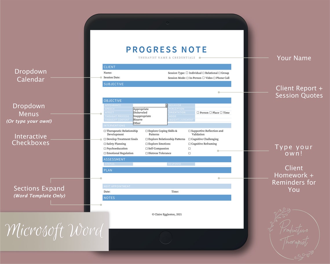 Checklist SOAP Progress Note Template for Therapists, Counselors ...