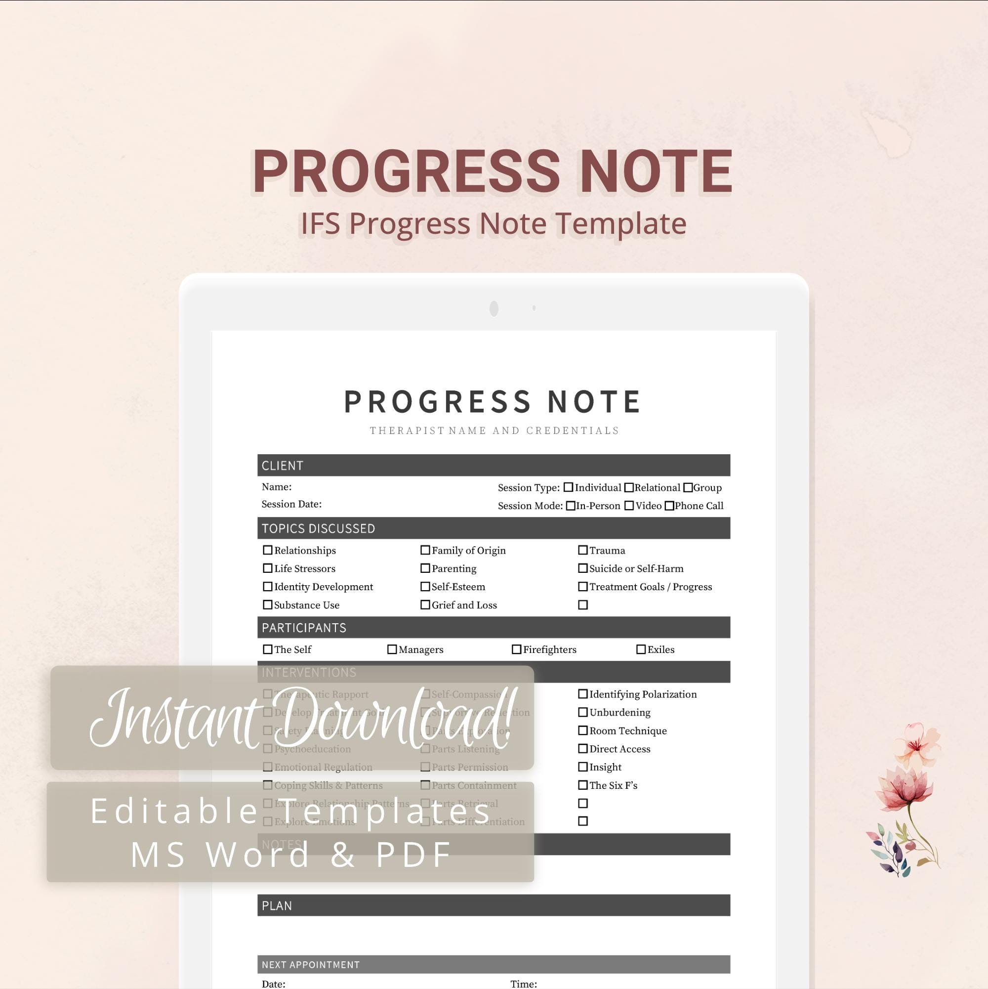 IFS Progress Note Template for Therapists, Counselors, Psychologists ...