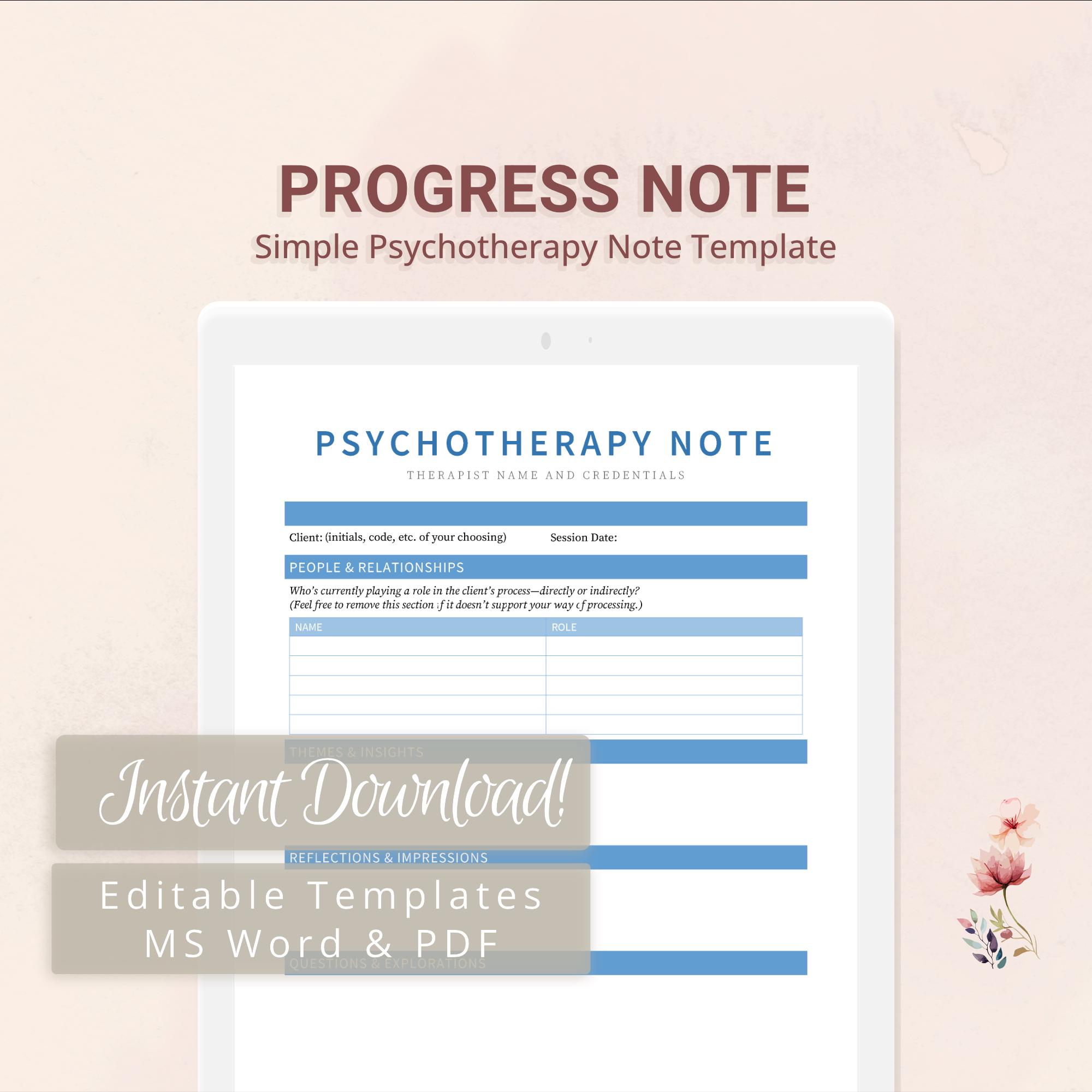 Simple Psychotherapy Note Template for Therapists, Counselors ...
