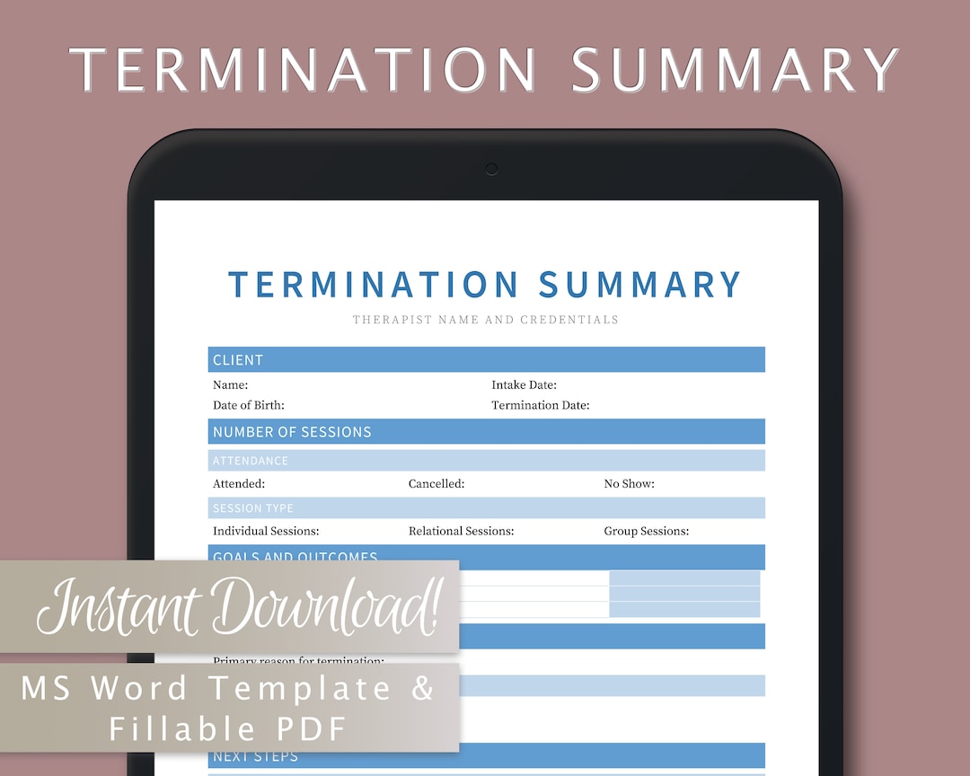 Termination Discharge Summary Template for Therapists, Counselors ...