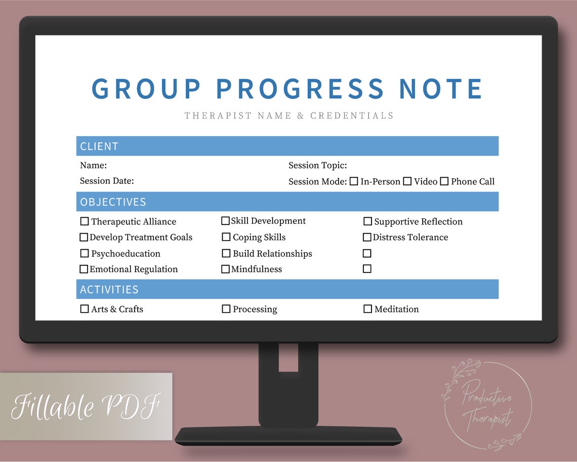 Group Therapy Progress Note Template for Therapists, Counselors ...
