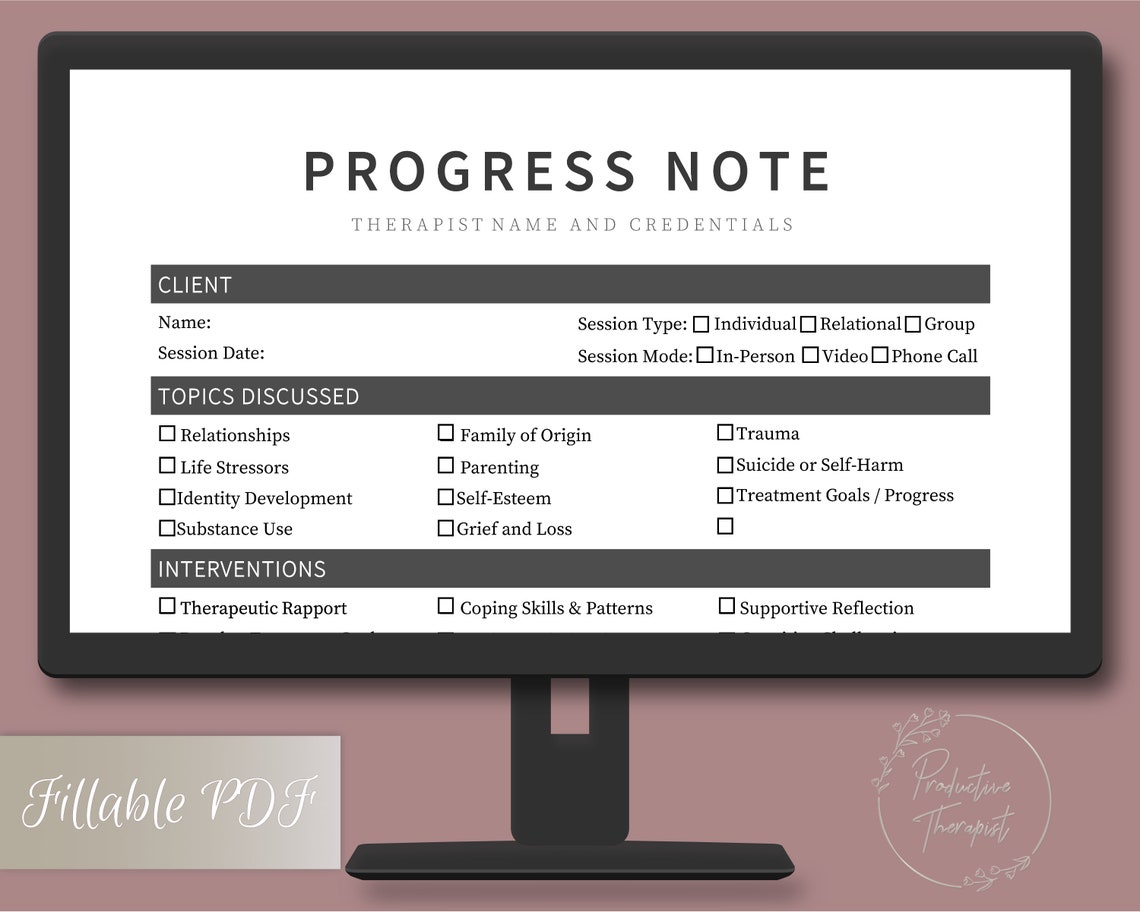 Simple Progress Note Template for Therapists, Counselors, Psychologists ...