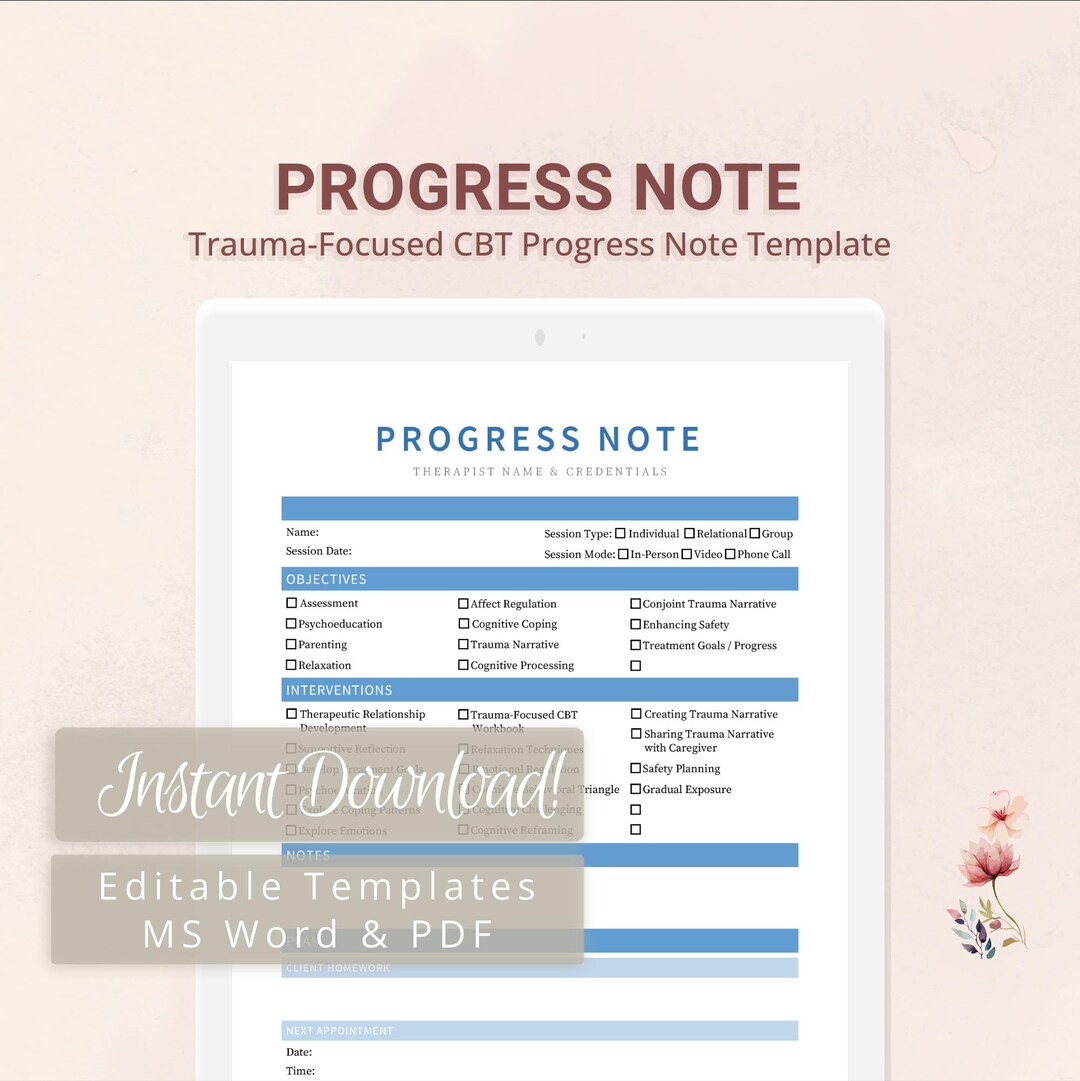 Trauma-focused CBT Progress Note Template for Therapists, Counselors ...