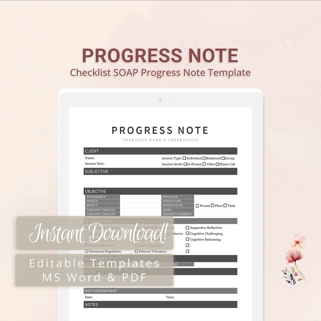Checklist SOAP Progress Note Template for Therapists, Counselors ...