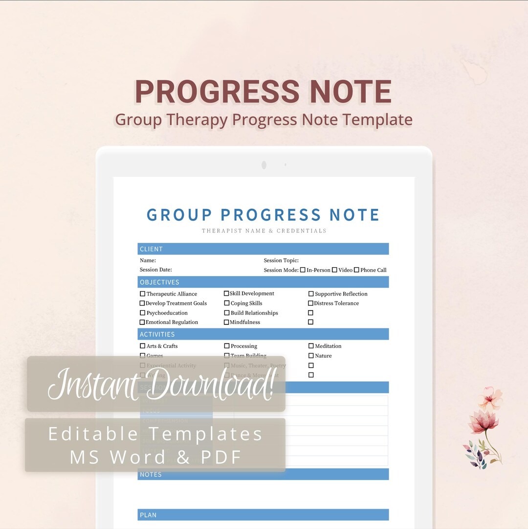 Group Therapy Progress Note Template for Therapists, Counselors ...