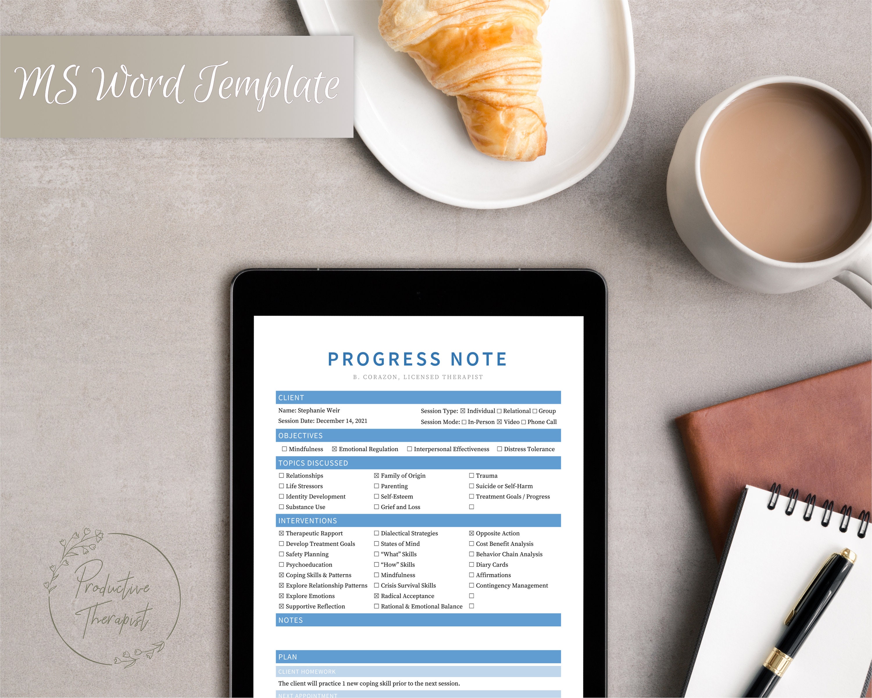 DBT Progress Note Template for Therapists, Counselors, Psychologists ...