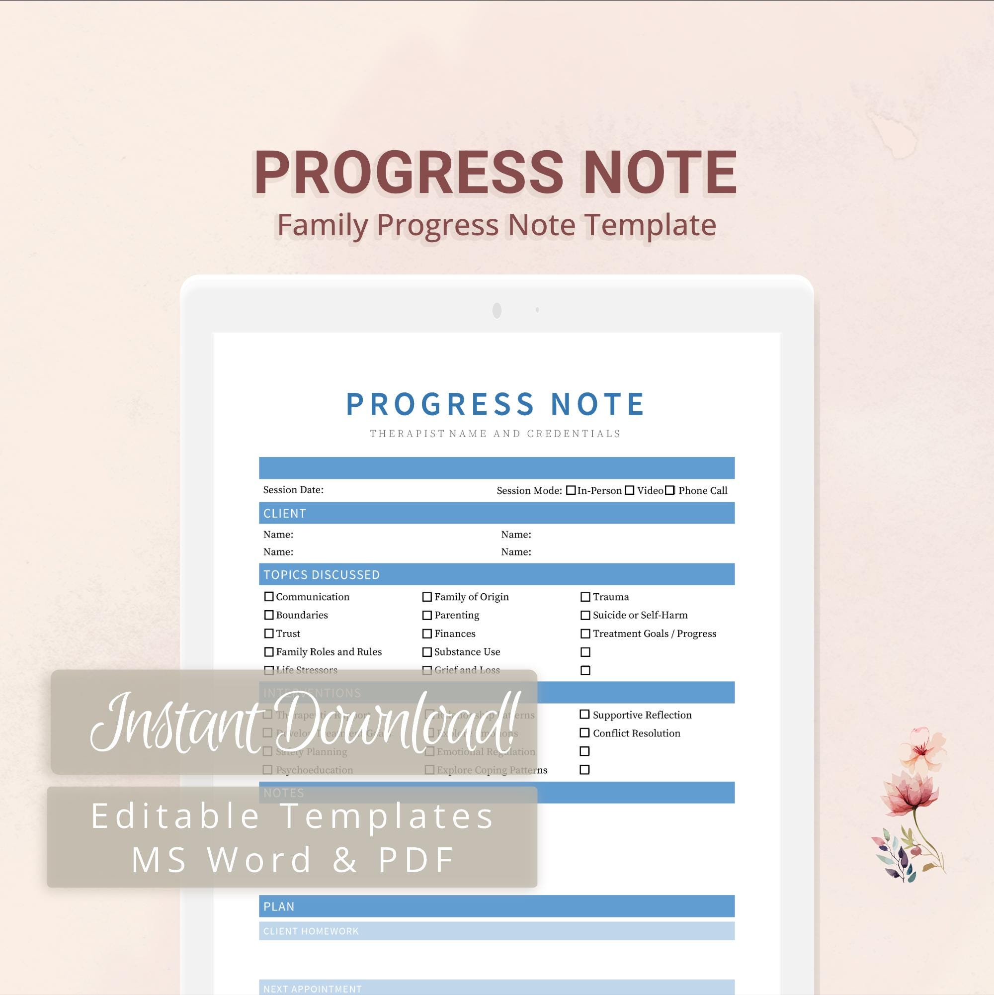 Family Therapy Progress Note Template for Therapists, Counselors ...