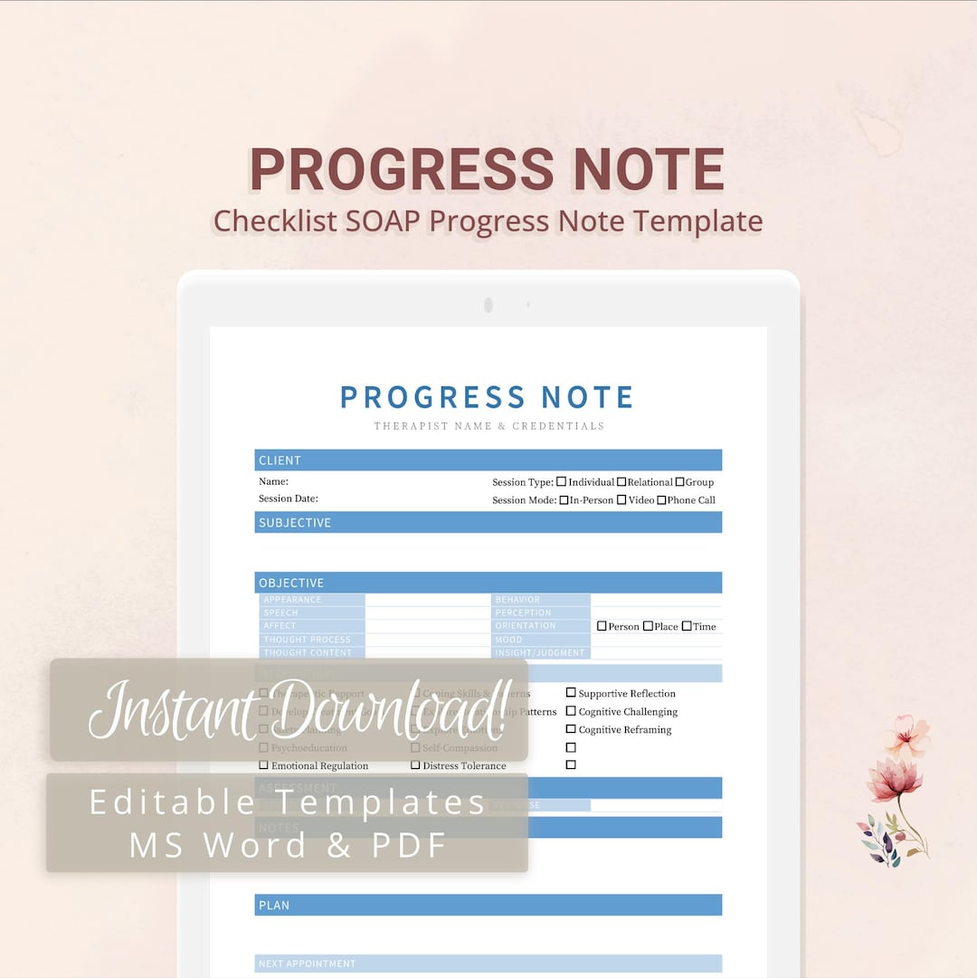 Checklist SOAP Progress Note Template for Therapists, Counselors ...