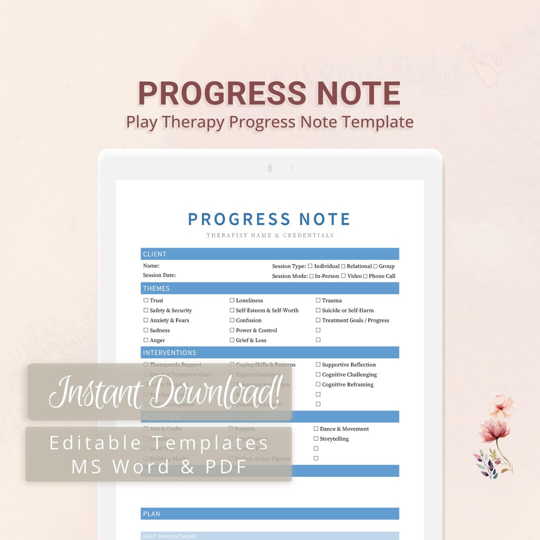 Play Therapy Progress Note Template for Therapists, Counselors ...