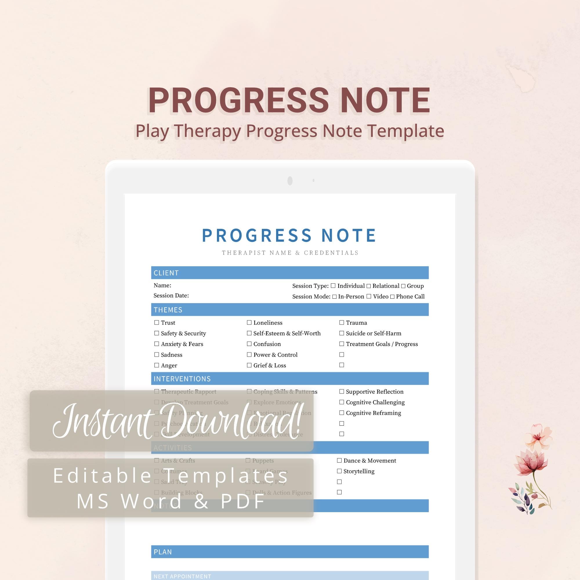 Play Therapy Progress Note Template for Therapists, Counselors ...