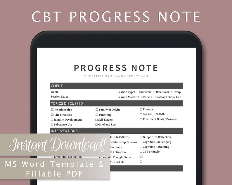 CBT Progress Note Template for Therapists, Counselors, Psychologists ...