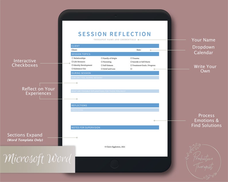 Session Reflection Worksheet Template for for Therapists, Counselors ...