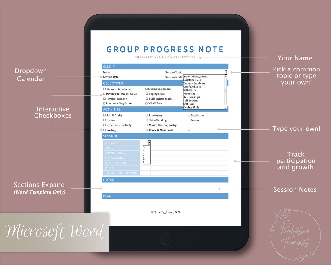 Group Therapy Progress Note Template for Therapists, Counselors ...