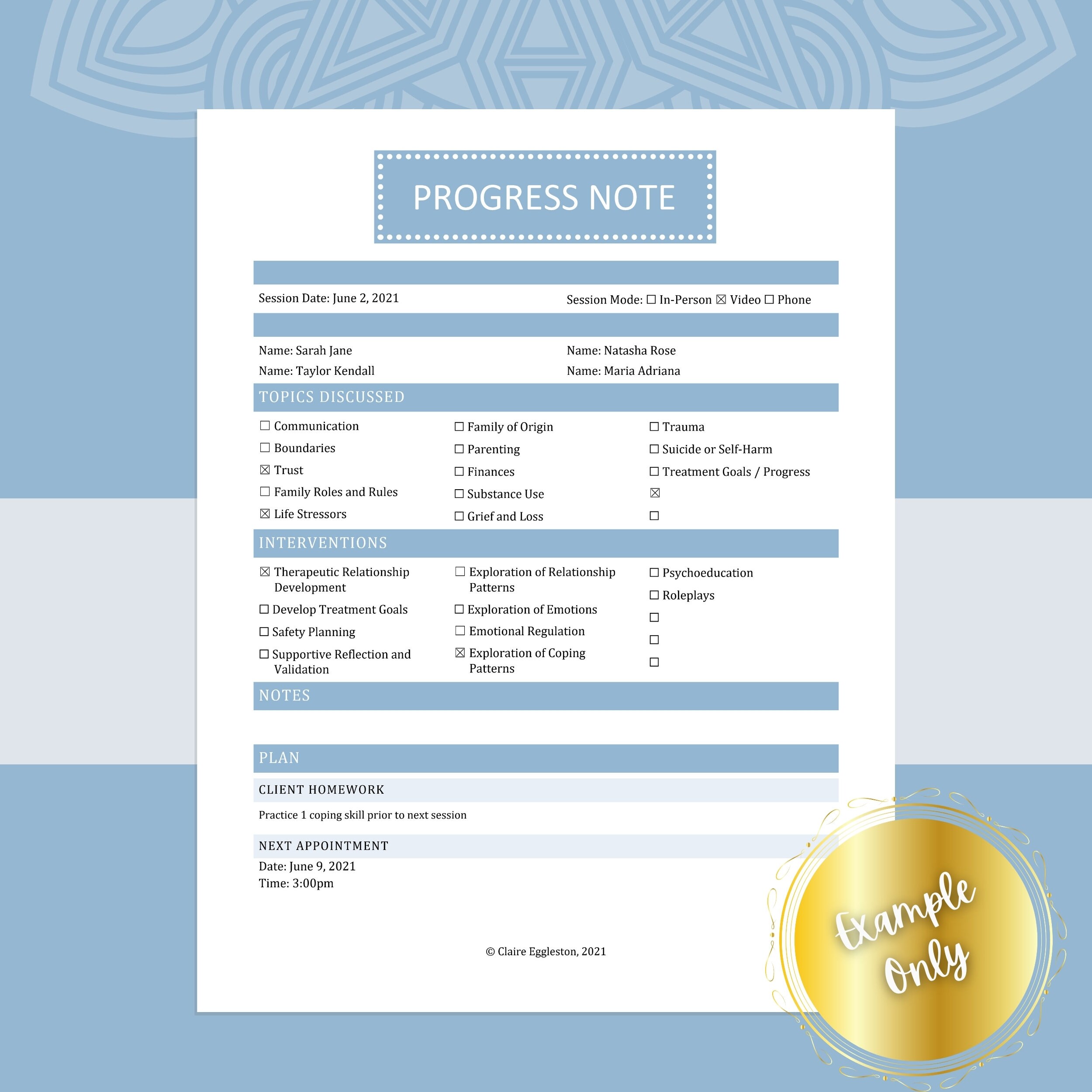 Family Therapy Progress Note Template for Therapists | Etsy