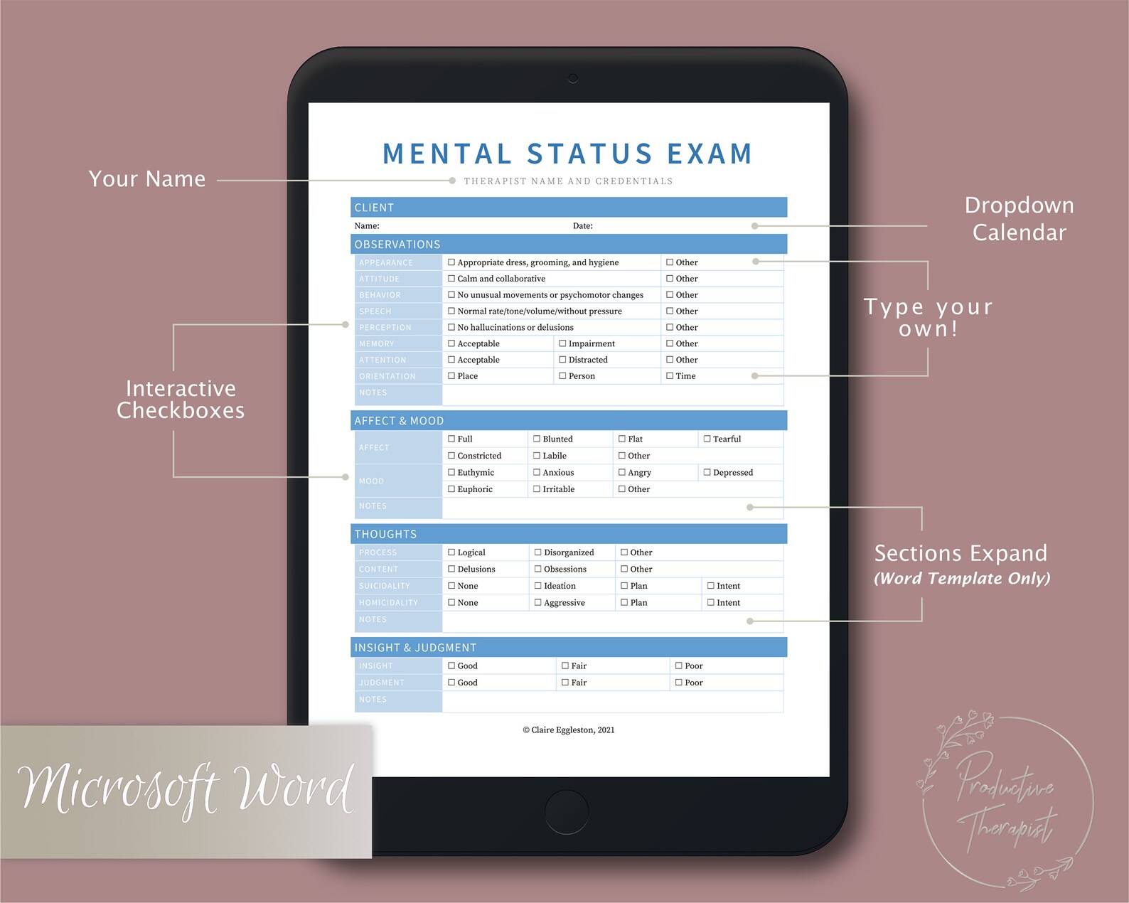 Mental Status Exam Template for Therapists, Counselors, Psychologists ...