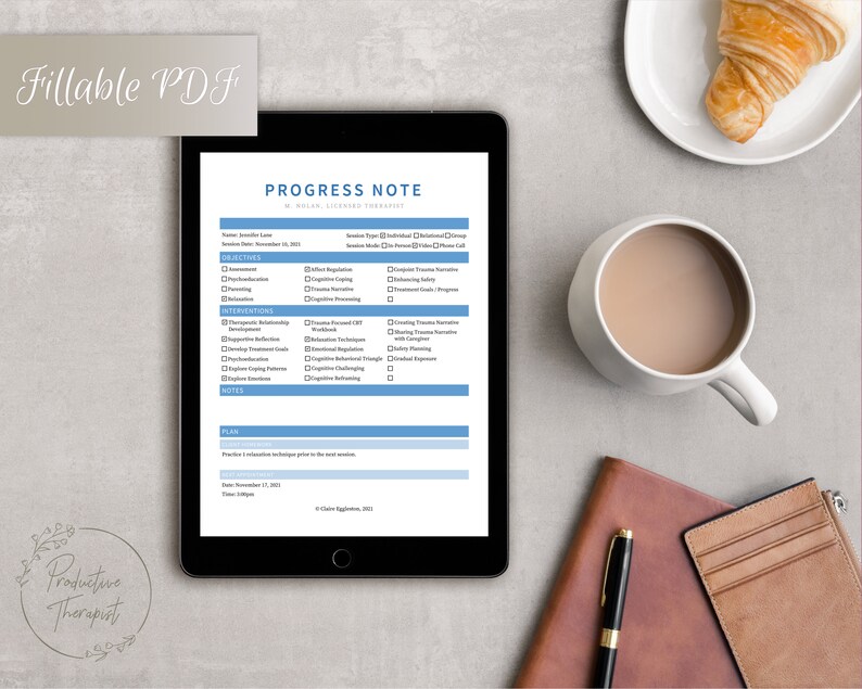 Trauma-focused CBT Progress Note Template for Therapists, Counselors ...
