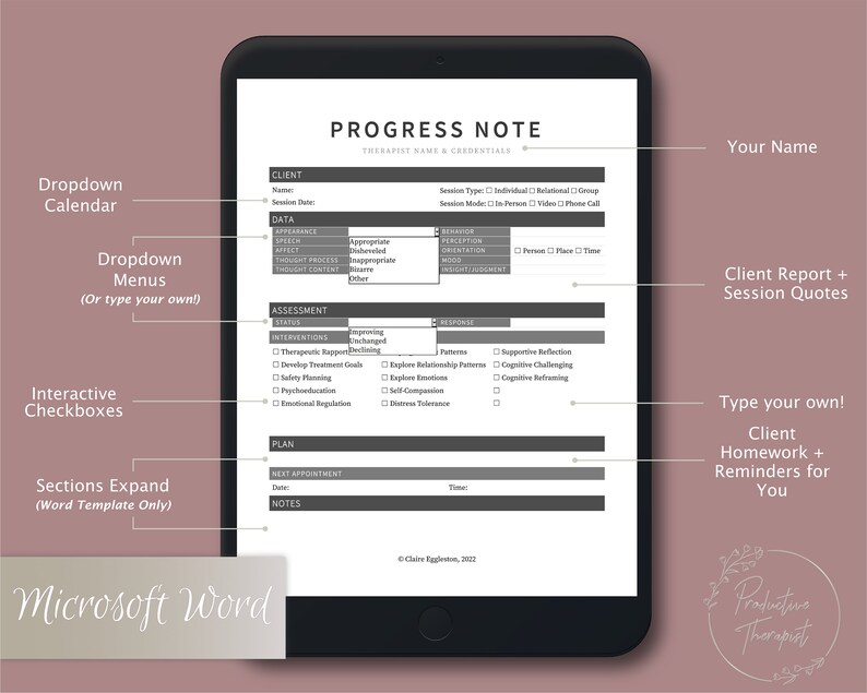 Checklist DAP Progress Note Template for Therapists, Counselors ...