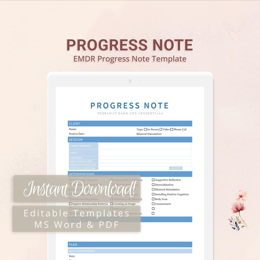 EMDR Therapist Progress Note Template Fillable PDF Digital Download, Mental Health Progress ...