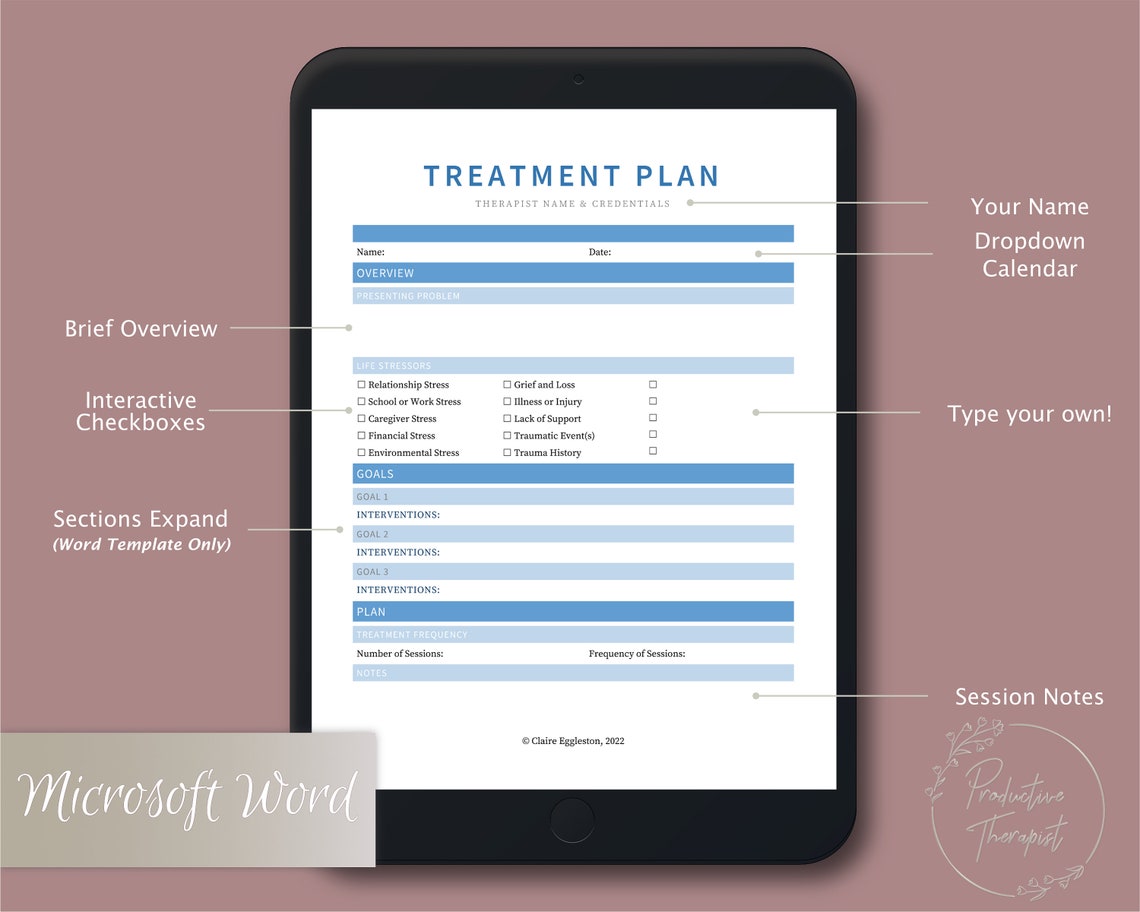 Simple Treatment Plan Template for Therapists, Counselors ...