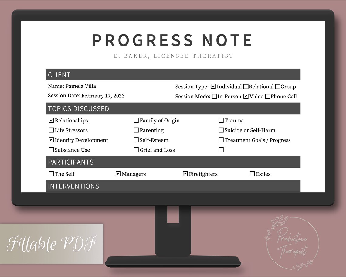 IFS Progress Note Template for Therapists, Counselors, Psychologists ...