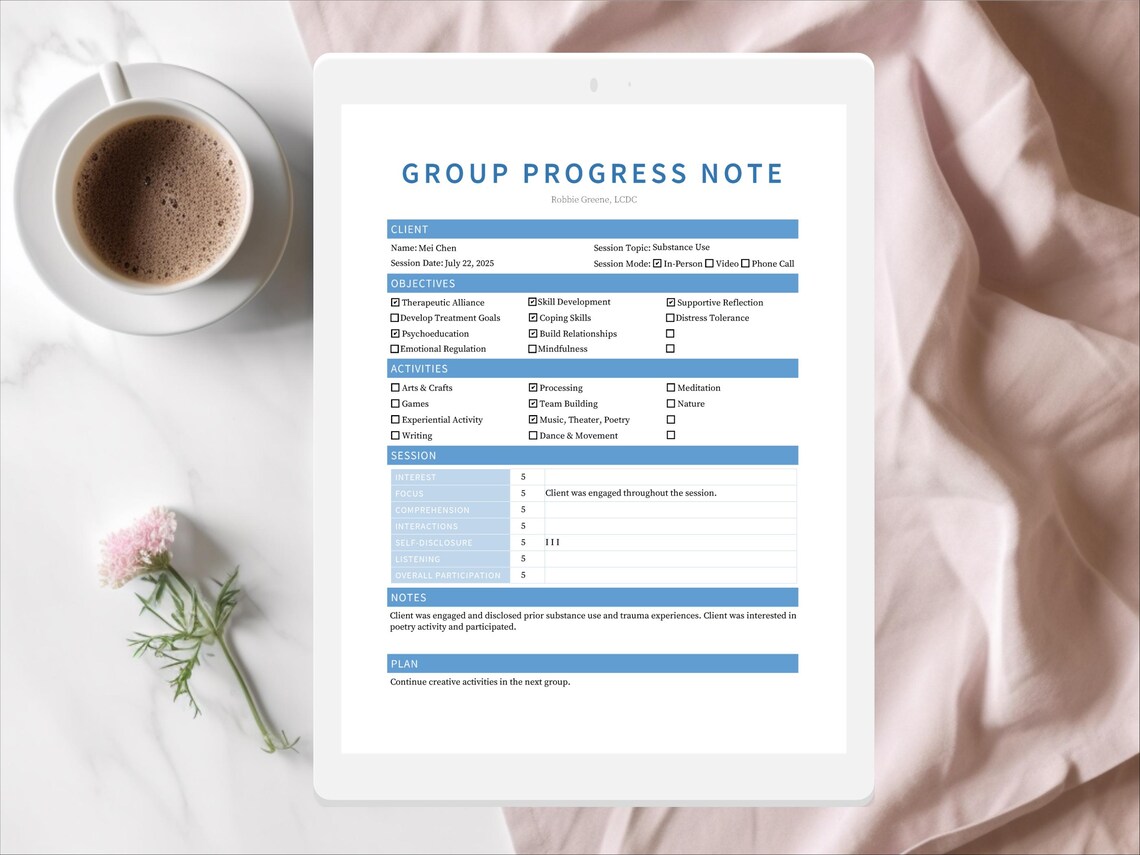 Group Therapy Progress Note Template for Therapists, Counselors ...