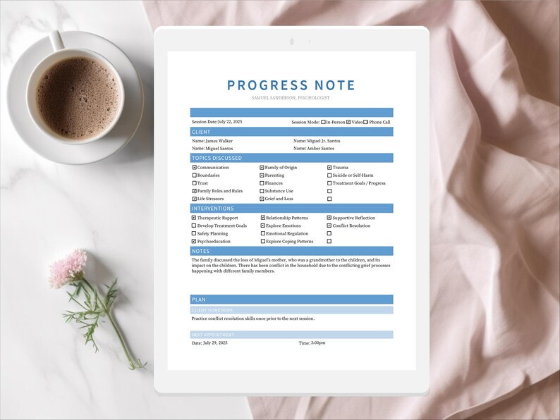 Family Therapy Progress Note Template for Therapists, Counselors ...